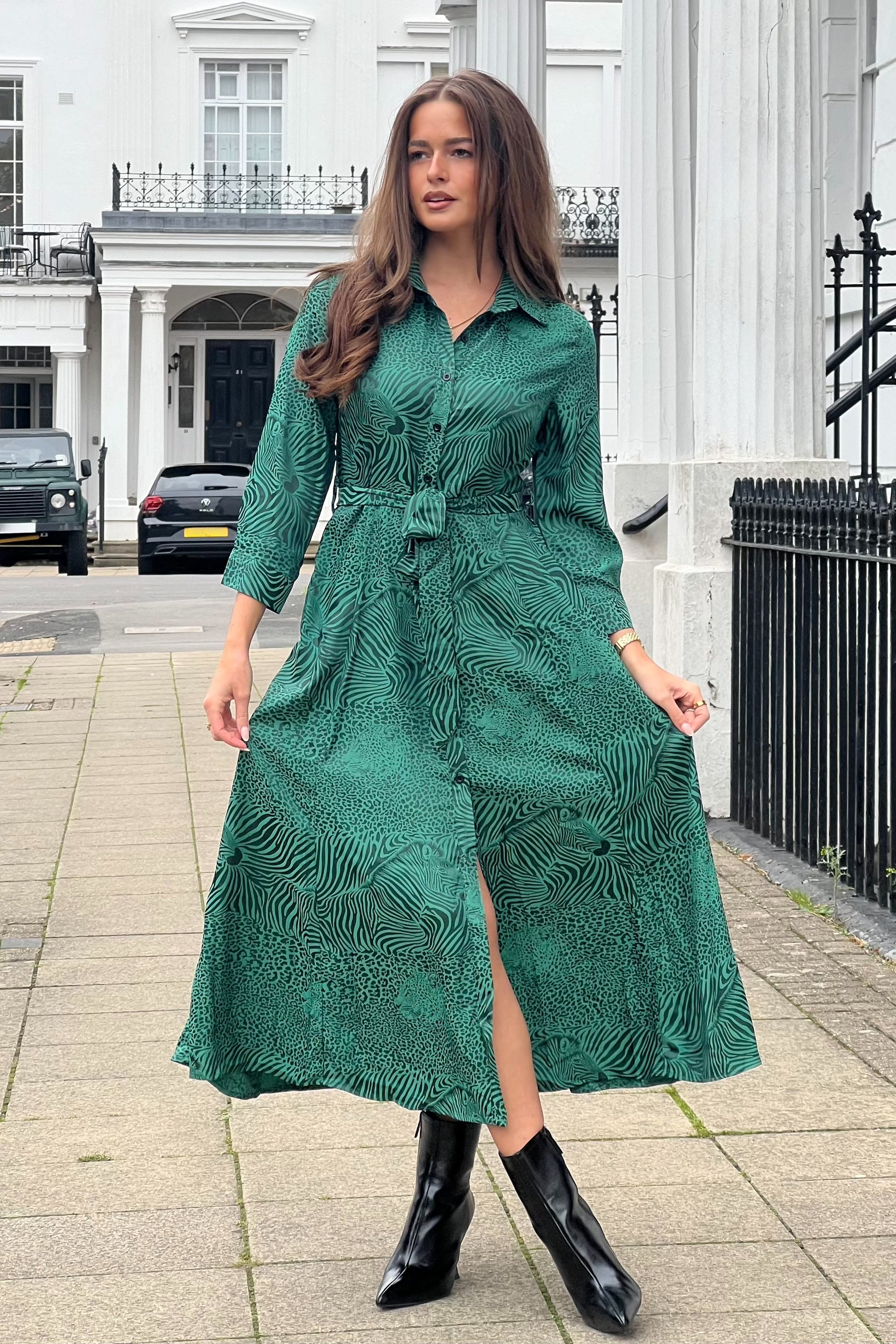 Angela Long Sleeve Maxi Shirt Dress Green Animal