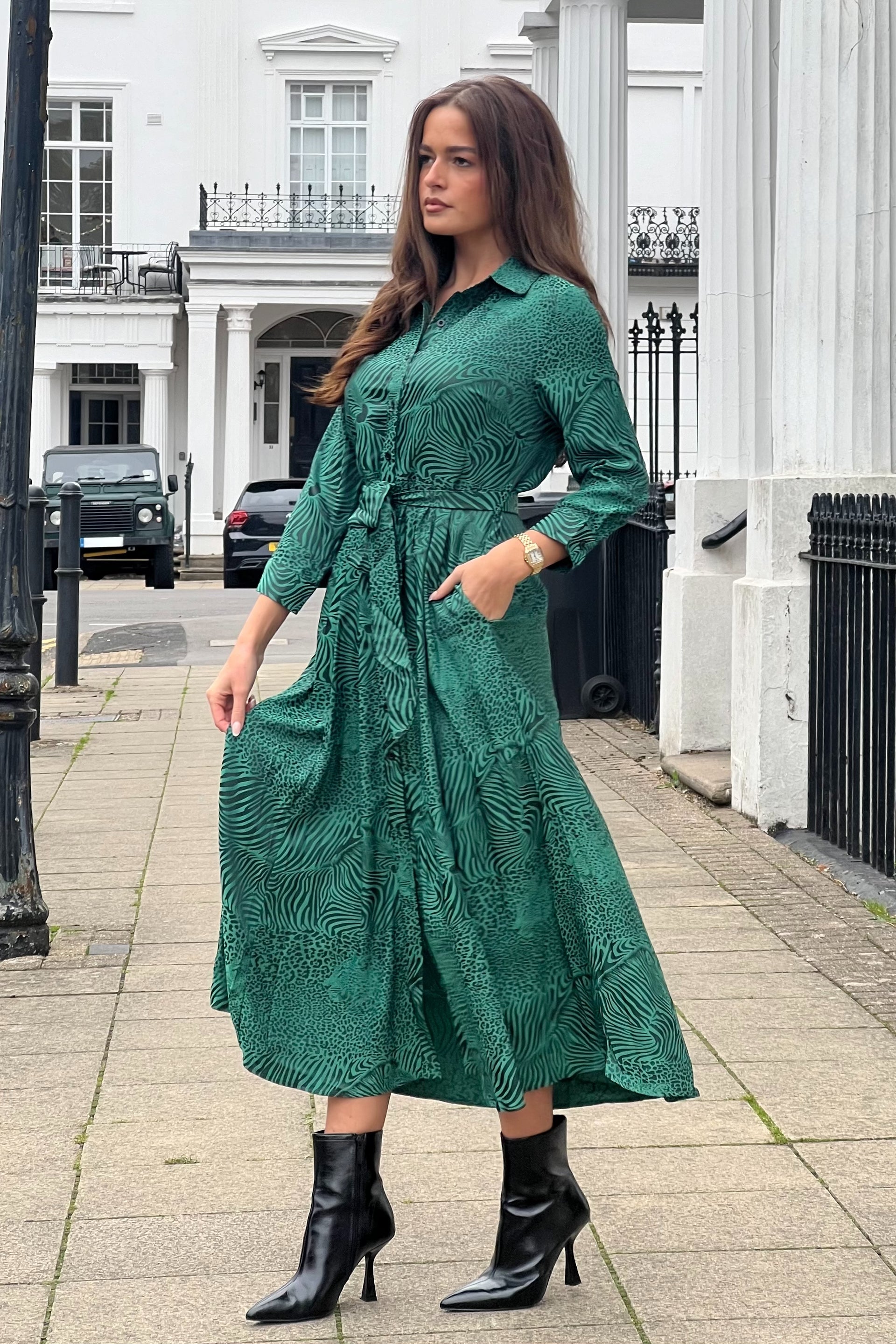 Angela Long Sleeve Maxi Shirt Dress Green Animal