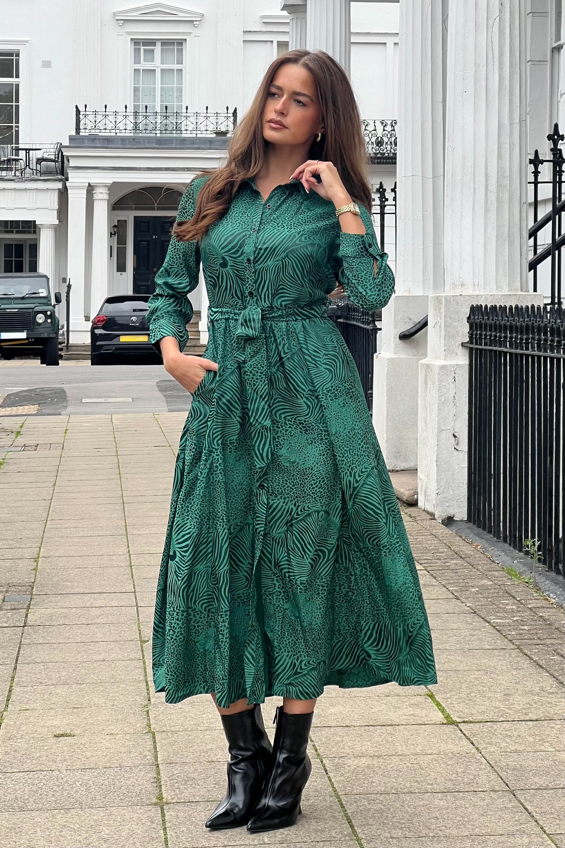 Angela Long Sleeve Maxi Shirt Dress Green Animal