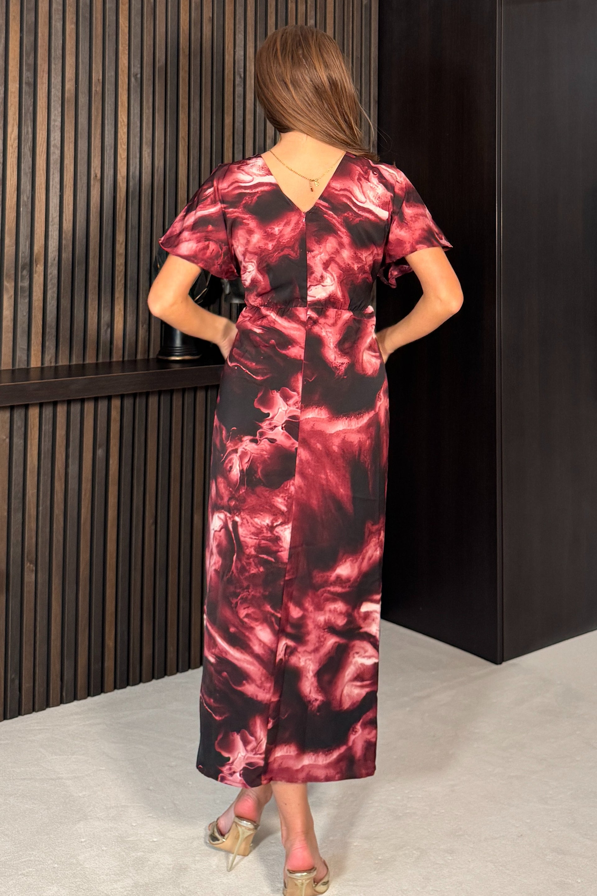 Priscilla Wrap Over Ruched Detail Midi Dress Wine Marble
