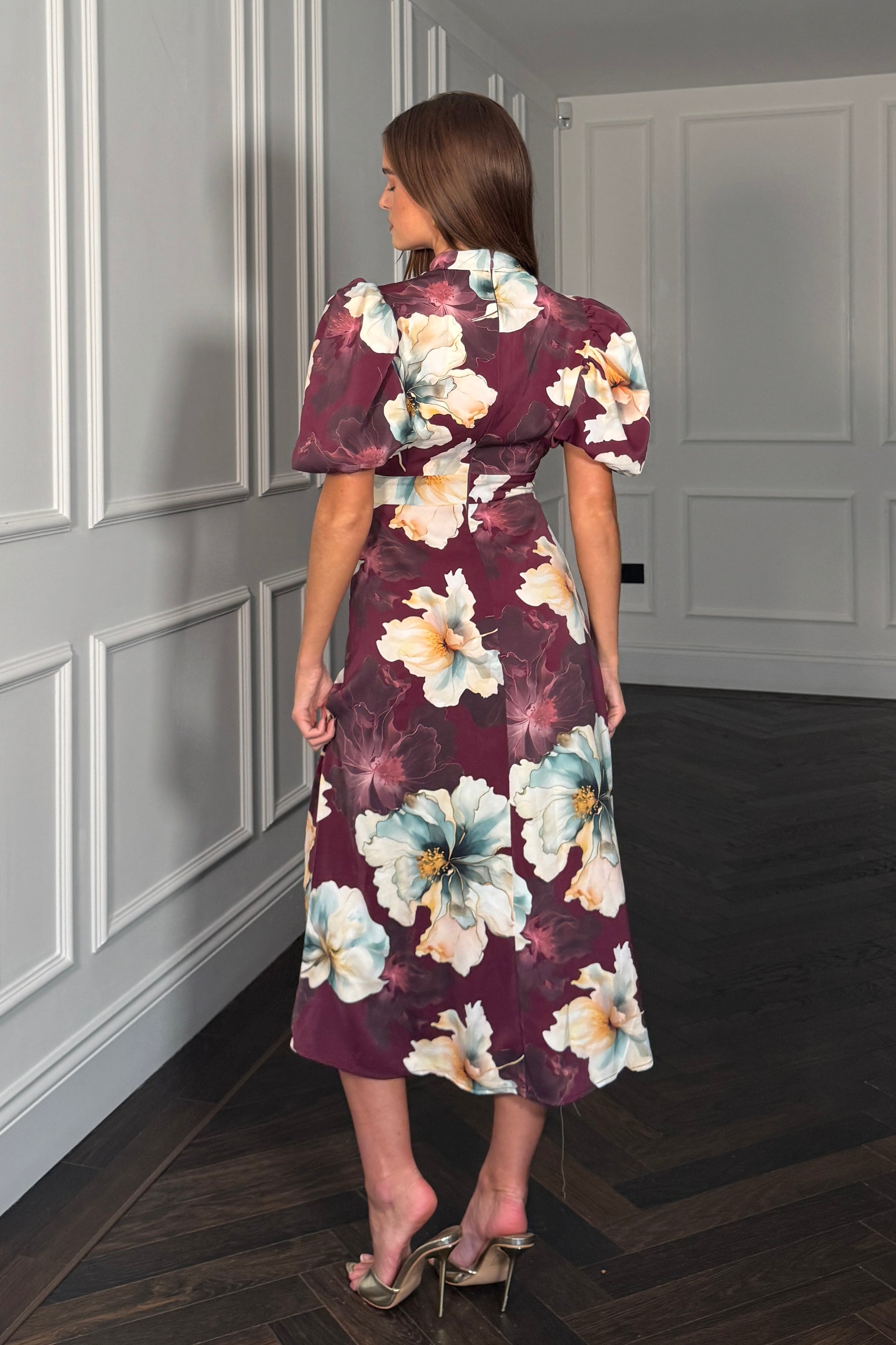 Lilith Plum Flower Puff Sleeve High Neck Midi Dress