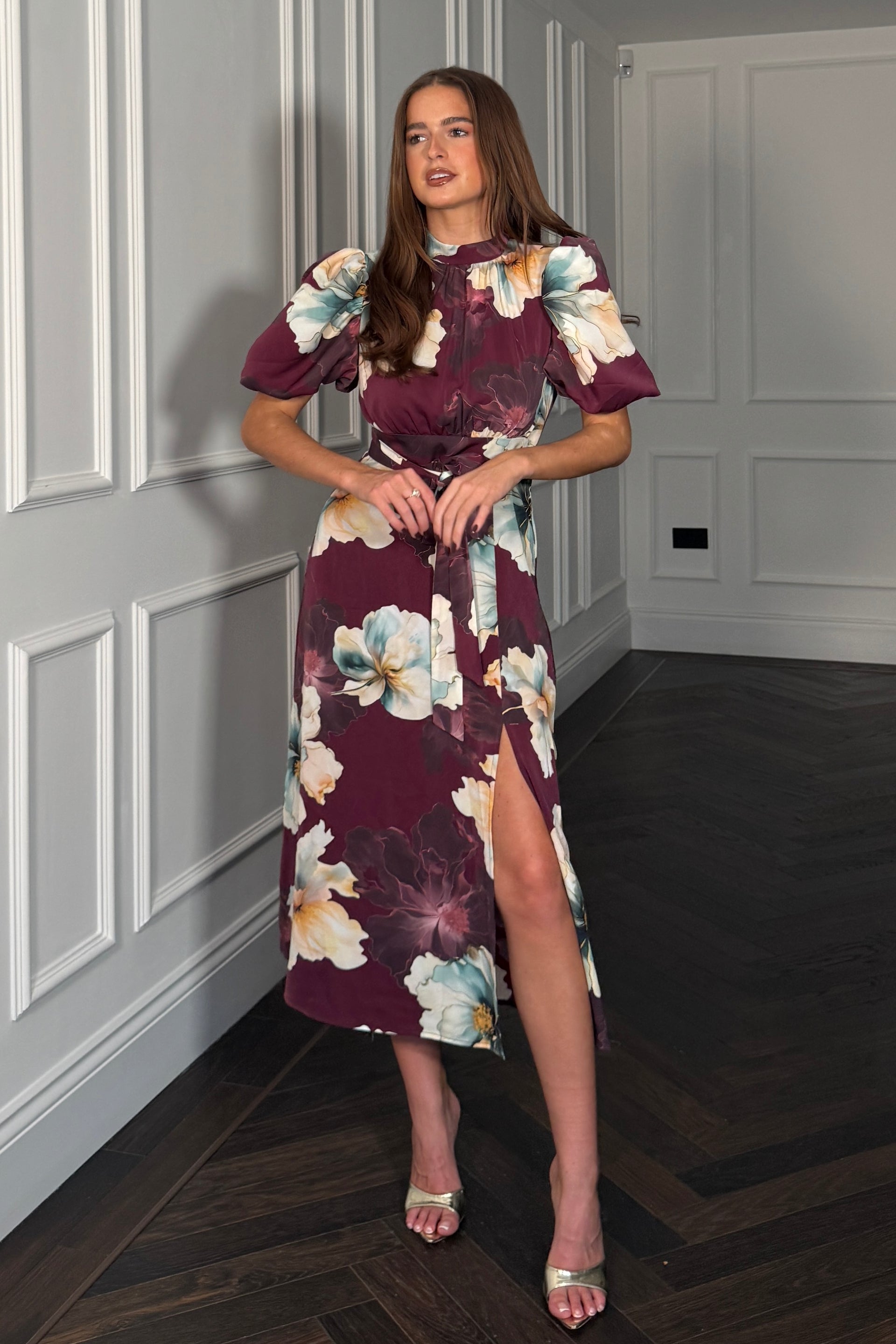 Lilith Plum Flower Puff Sleeve High Neck Midi Dress