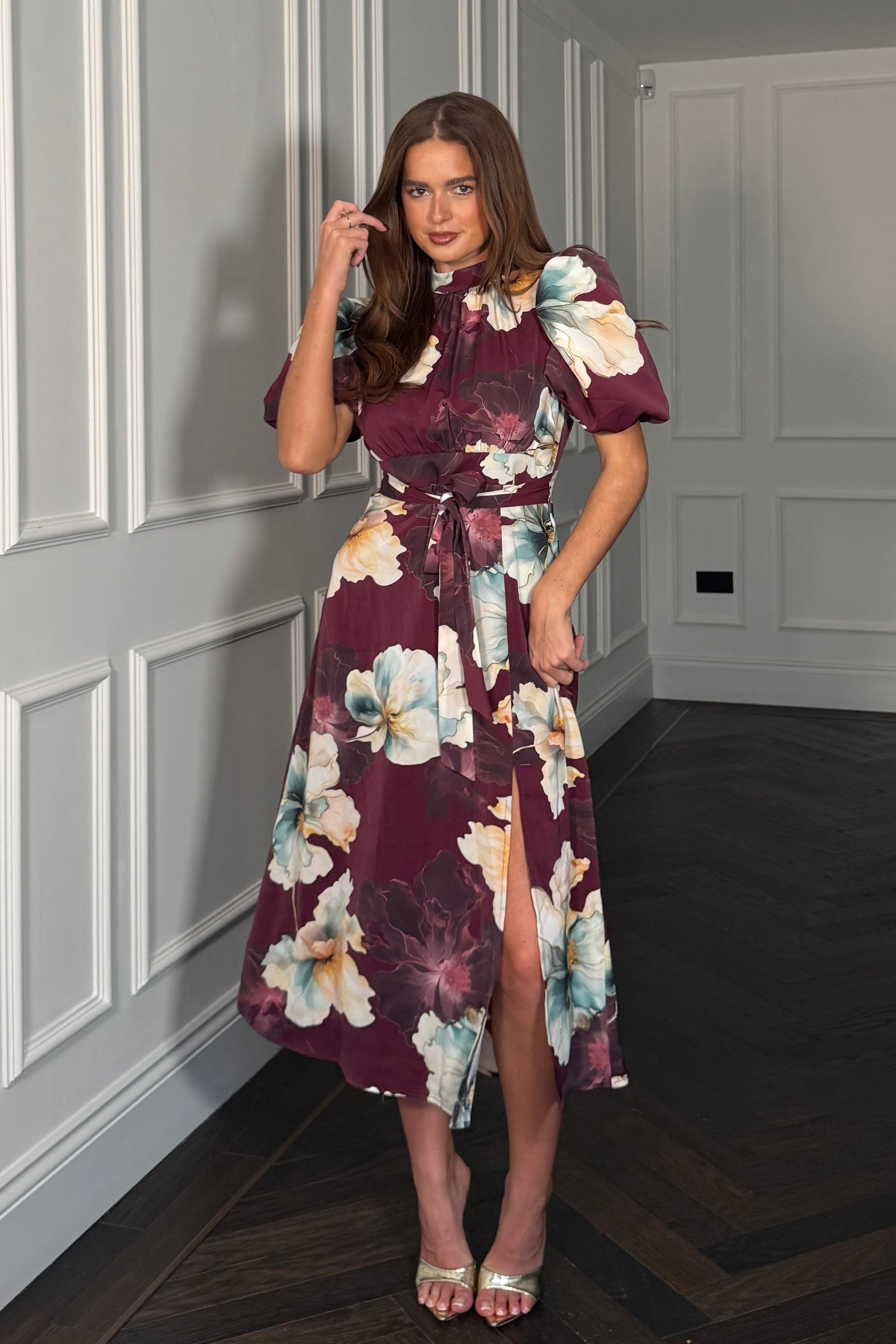 Lilith Plum Flower Puff Sleeve High Neck Midi Dress