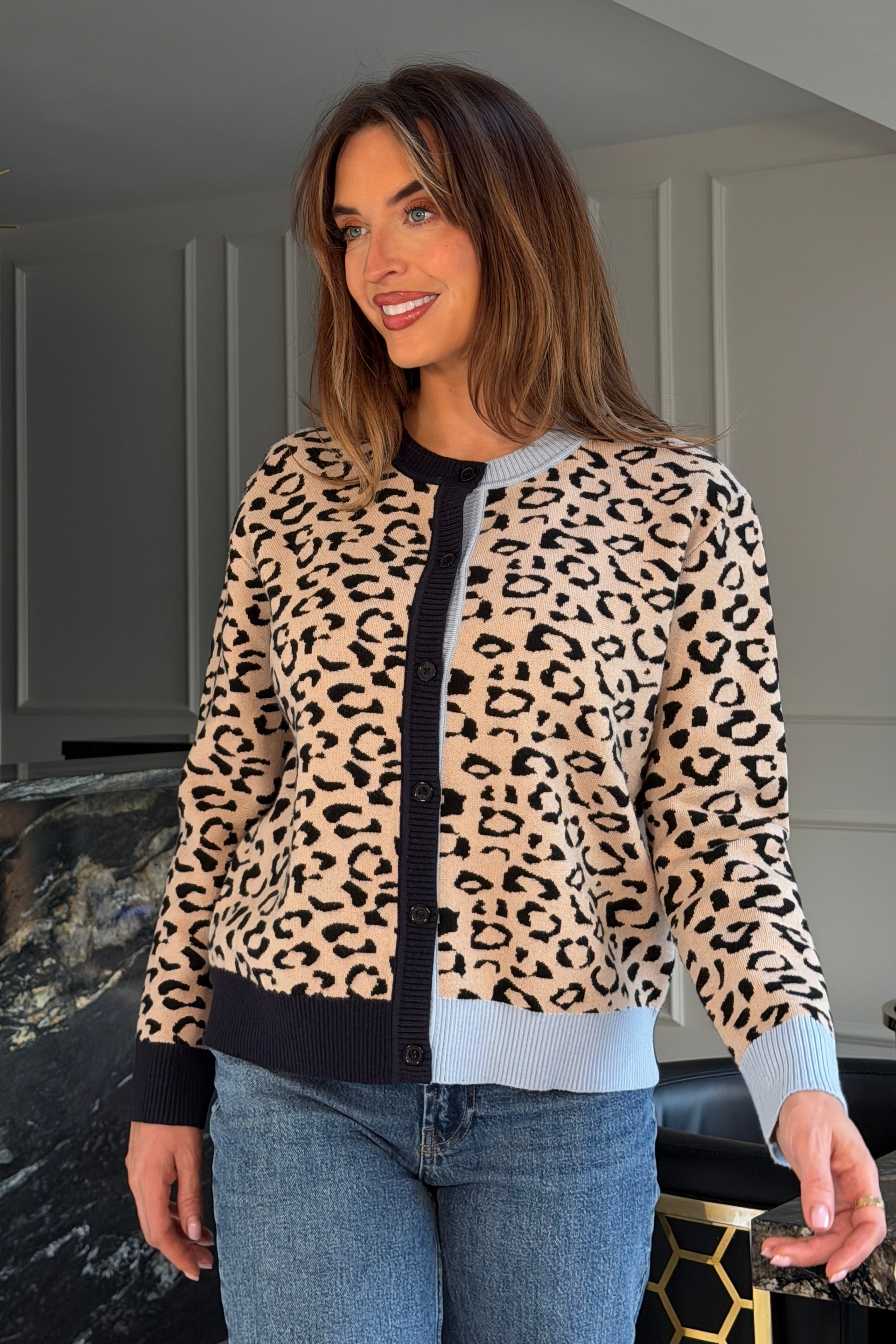 Loretta Leopard Contrast Cuff Cardigan