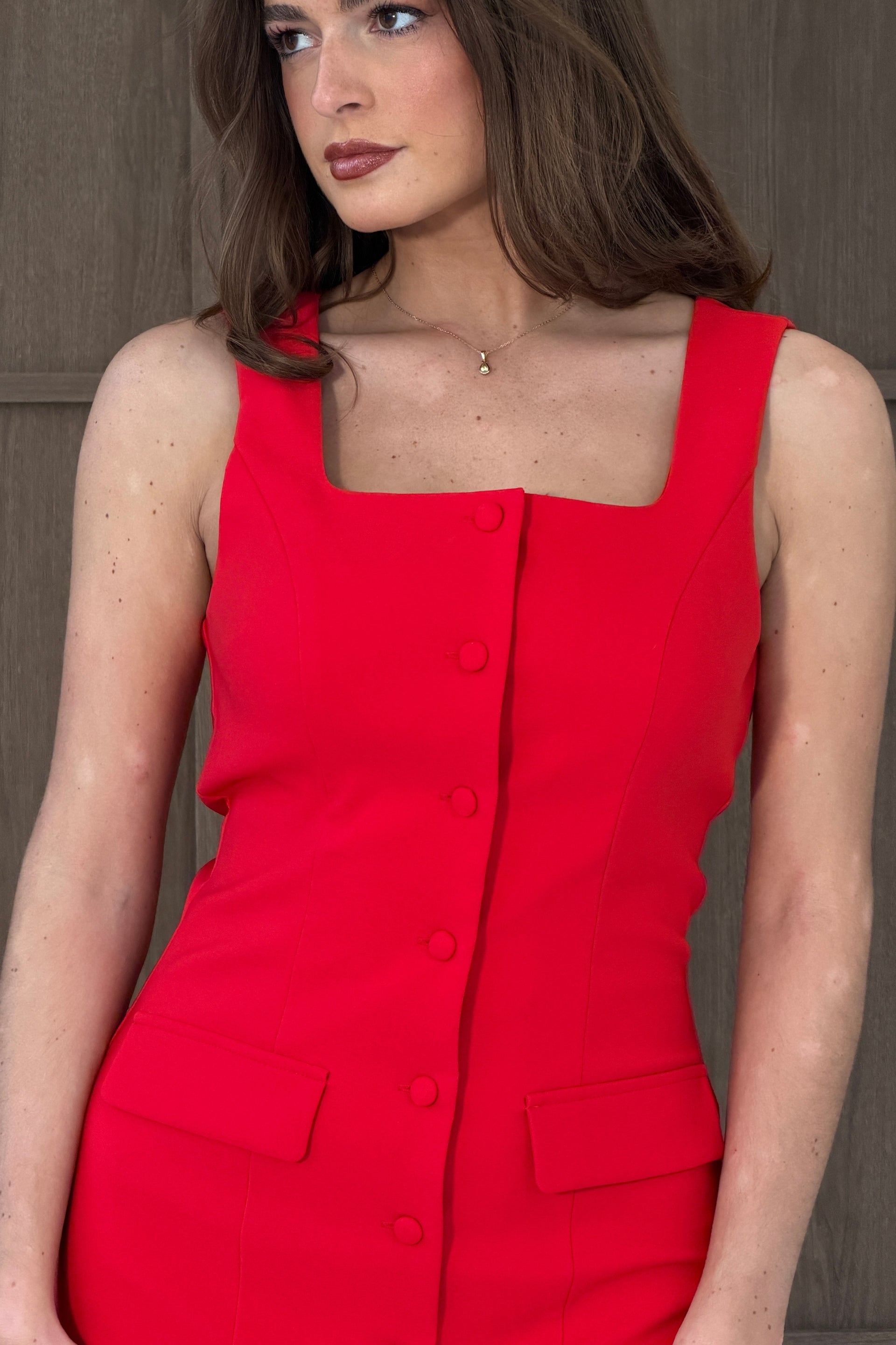 Elara Button Up Sleeveless Mini Dress Red